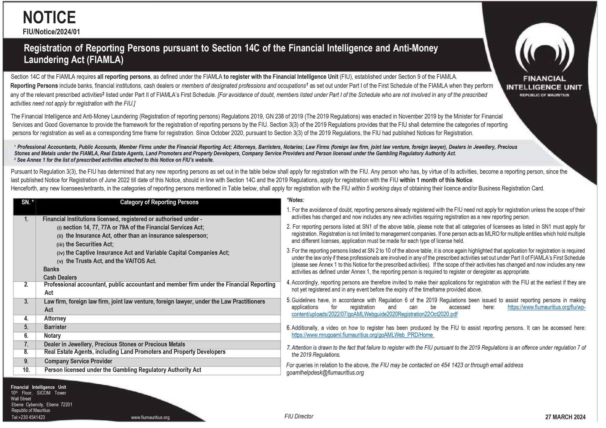 FIU/Notice/2024/01 Registration of Reporting Persons pursuant to ...